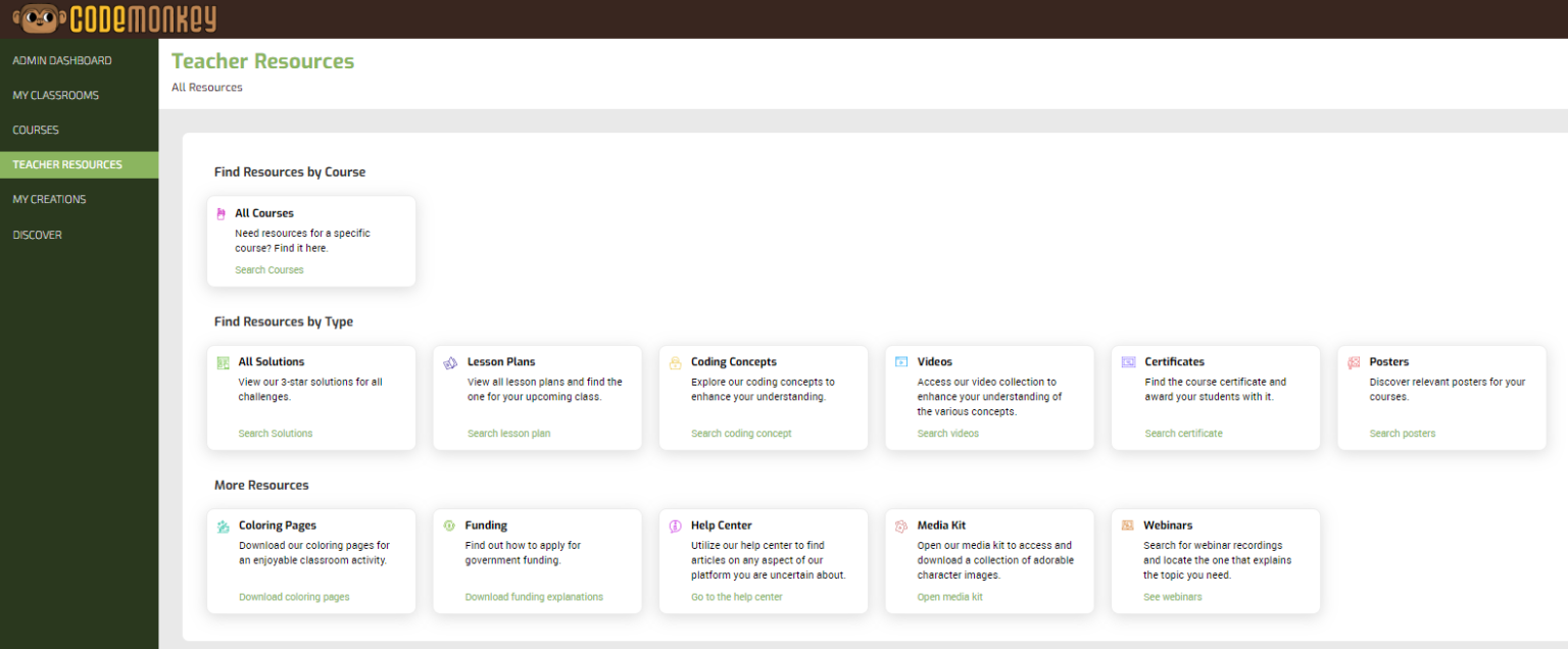 Teacher Resources - Improved Organization and Design | CodeMonkey