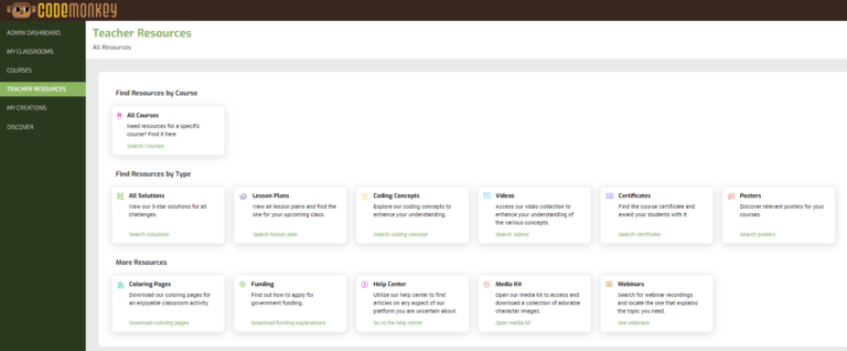 Teacher Resources - Improved Organization and Design | CodeMonkey